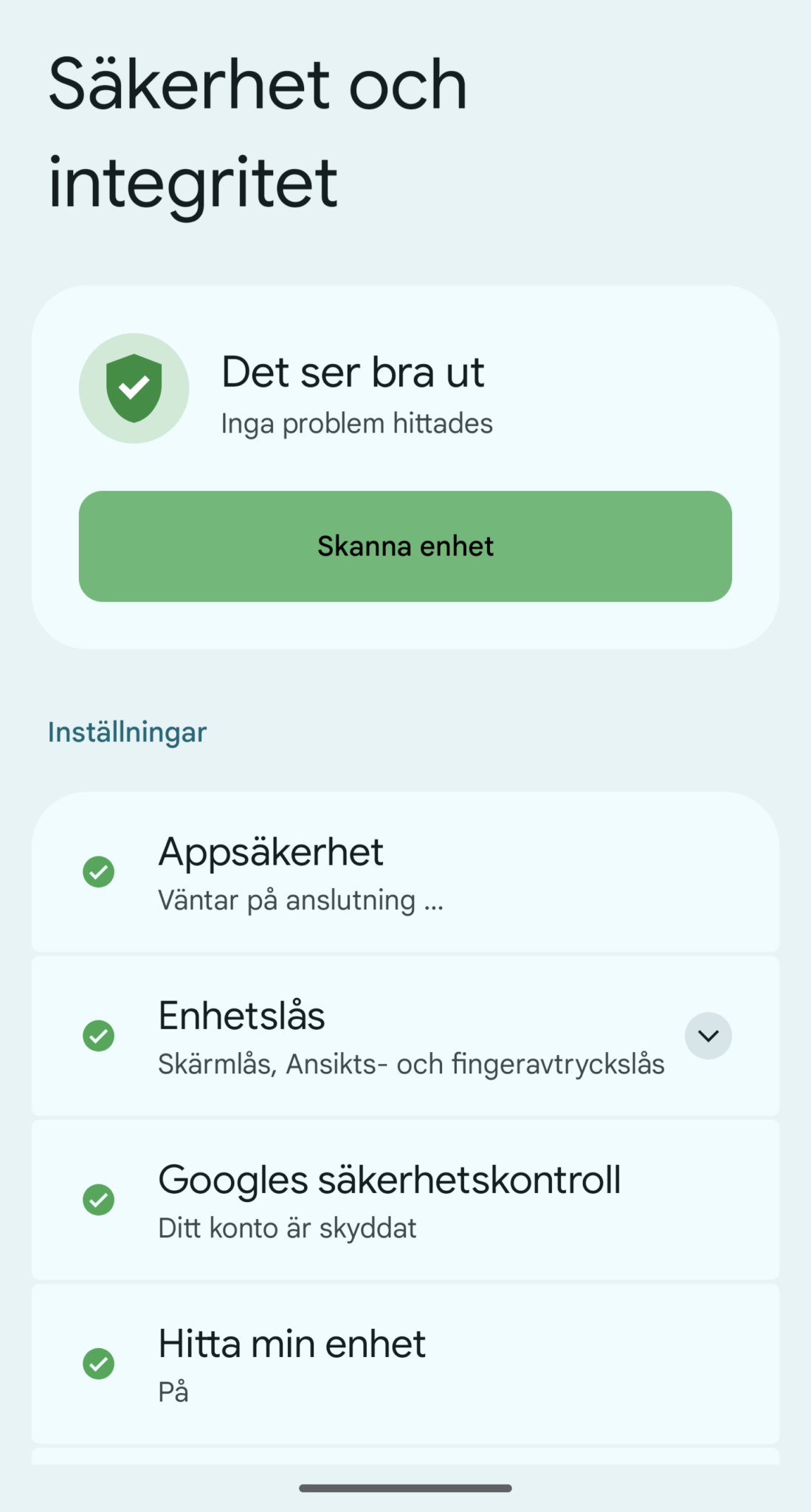 Kombinerade inställningsskärmen för säkerhet och integritet nu ...